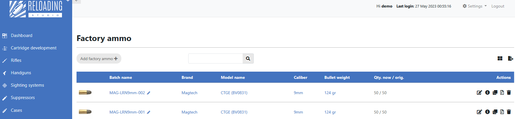 Feature: factory ammo management – Reloading Studio