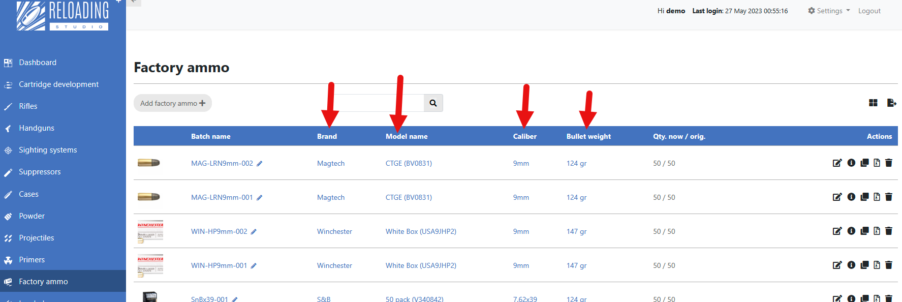 Feature: factory ammo management – Reloading Studio